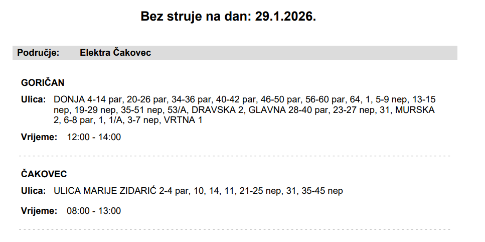 Iz HEP-a javljaju da električne energije 29. siječnja neće biti u ...