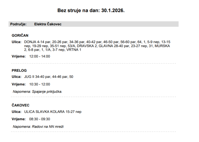 Električne energije 30. siječnja neće biti u Goričanu, Prelogu i ...